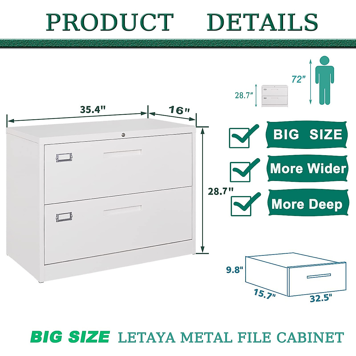 Letaya Metal Lateral File Cabinets with Lock, 2 Drawer Steel Wide Filing Organization Storage Cabinets,Home Office Furniture for Hanging Files Letter/Legal/F4/A4 Size (White-2 Drawer)