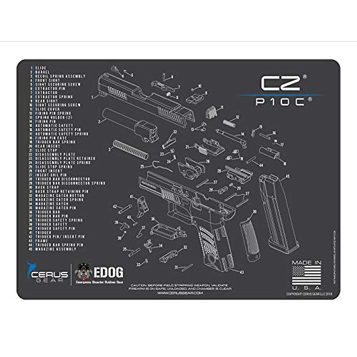 EDOG CZ 10 C0c Gun Cleaning Mat - Schematic (Exploded View) Diagram Compatible with CZ10C Series Pistol 3 mm Padded Pad Protect Your Firearm Magazines Bench Surfaces Gun Oil Solvent Resistant
