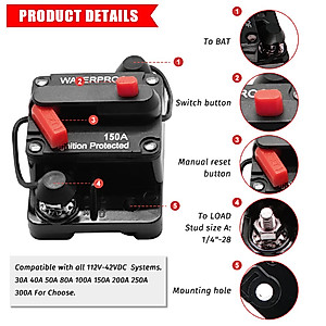 150Amp Circuit Breaker Manual Resettable Waterproof Inline Fuse Inverter 0-8 Gauge for Automotive Rv Marine Motors Power Protect 12V-48Volt DC