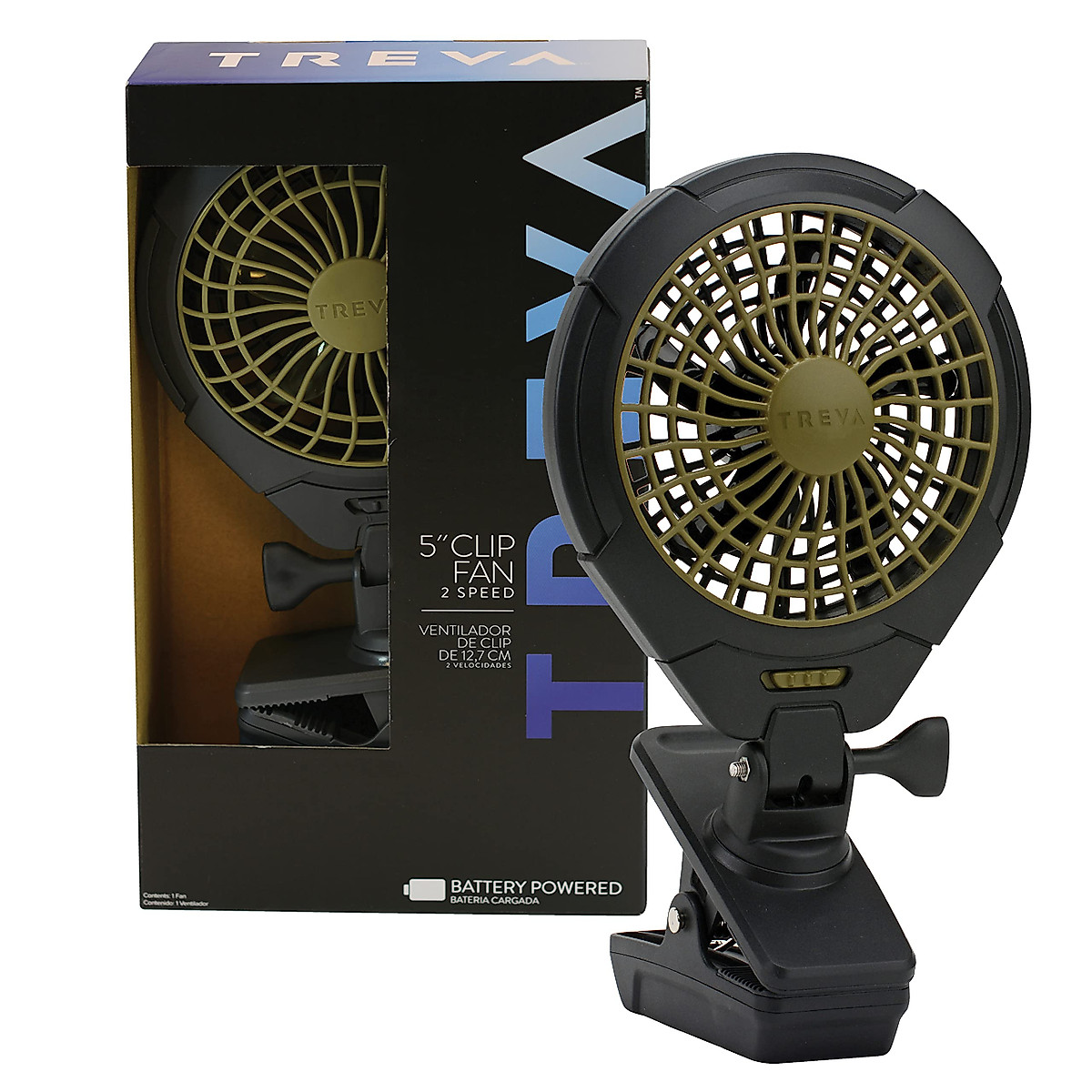 Treva 5 Inch Battery Powered Clip Slim and Portable Cooling Fan with Clamp for Travel, Outdoor,Camping, Car, Office Desk, Baby Stroller - Multi-Directional Rotating and Adjustable Head (2 Pack)