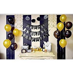 Funny Birthday Party Pack - Black & Silver Happy Birthday Bunting, Poms, and Swirls Pack- Birthday Decorations - 21st - 30th - 40th - 50th Birthday Party Supplies