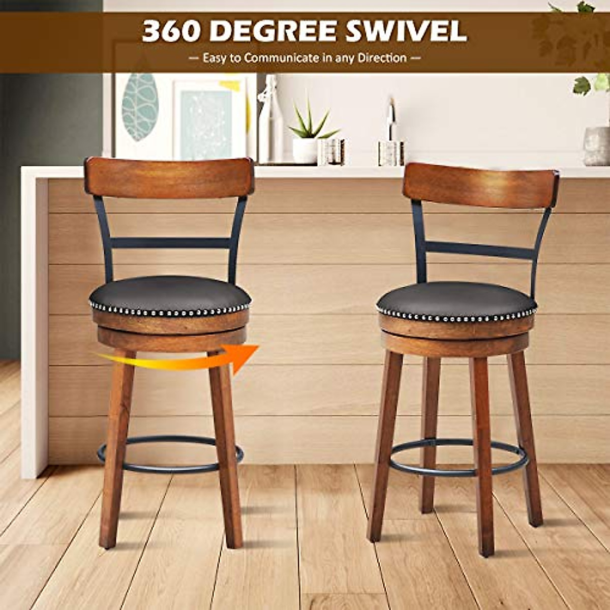 COSTWAY Bar Stools Set of 2, 360-Degree Swivel Stools with Leather Padded Seat, Single Slat Ladder Back & Solid Rubber Wood Legs, Counter Height Stools for Pub, Restaurant, Kitchen, Brown (2, 25.5)