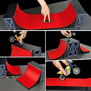 Half Pipe Skateboard Ramps Set, Bigger Fingerboard Skatepark Deck, Finger Skate Park Toy with Fingerboard Ramps, Skateboards, Finger Scooter, Finger Bike & Motorcycle for Adults Kids Gifts(Red)