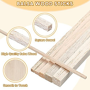 215 Pieces Balsa Wood Sticks Wooden Dowel Rods 1/8, 3/16, 1/4, 5/16, 3/8, 1/2 Inch Round Hardwood Unfinished Wooden Strips for DIY Molding Crafts Projects Making (Square)