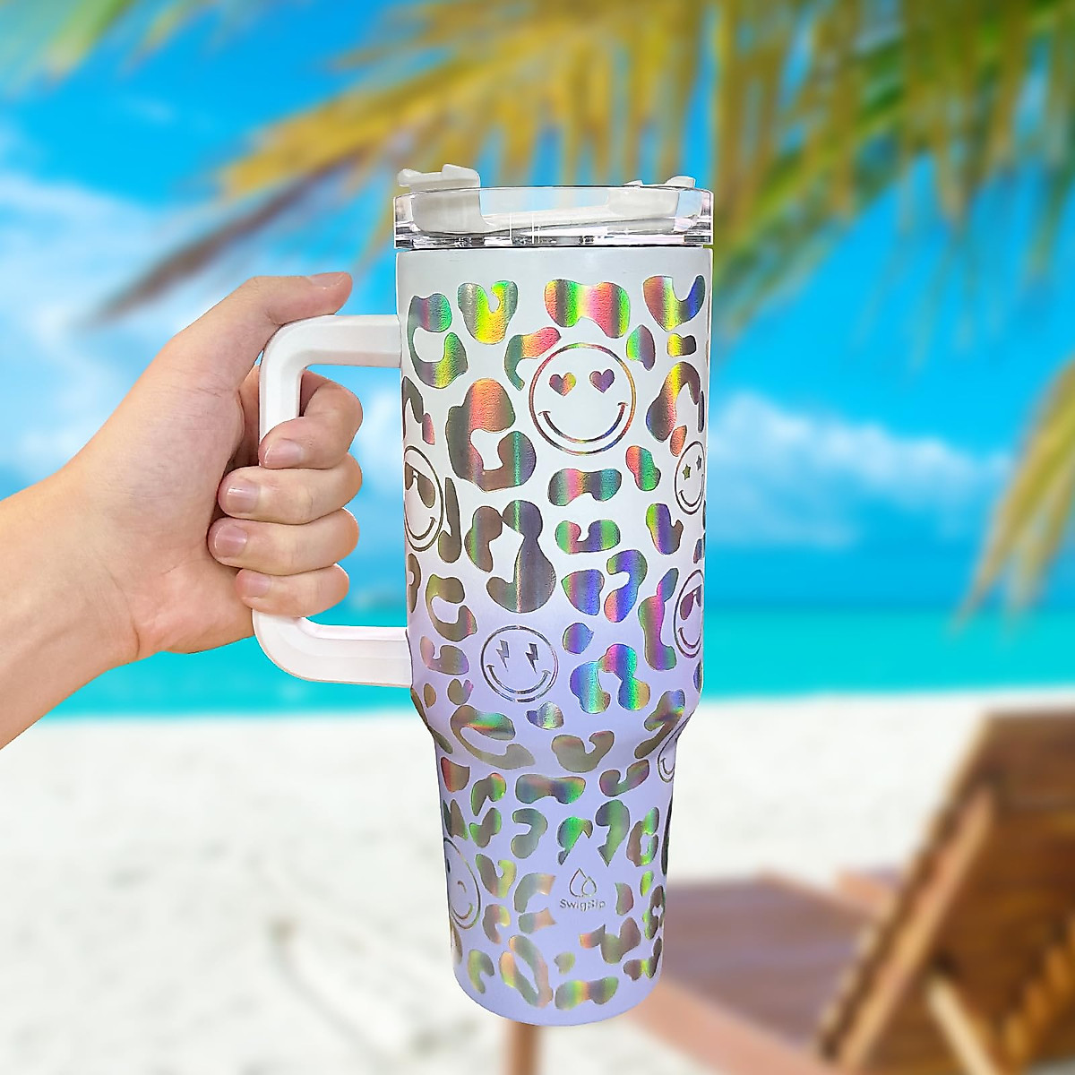 Swig Sip 40oz Leopard Tumbler - Double Wall Stainless Steel Dishwasher Safe Vacuum Insulated Travel Tumblers with Handle & Straw (White Purple)