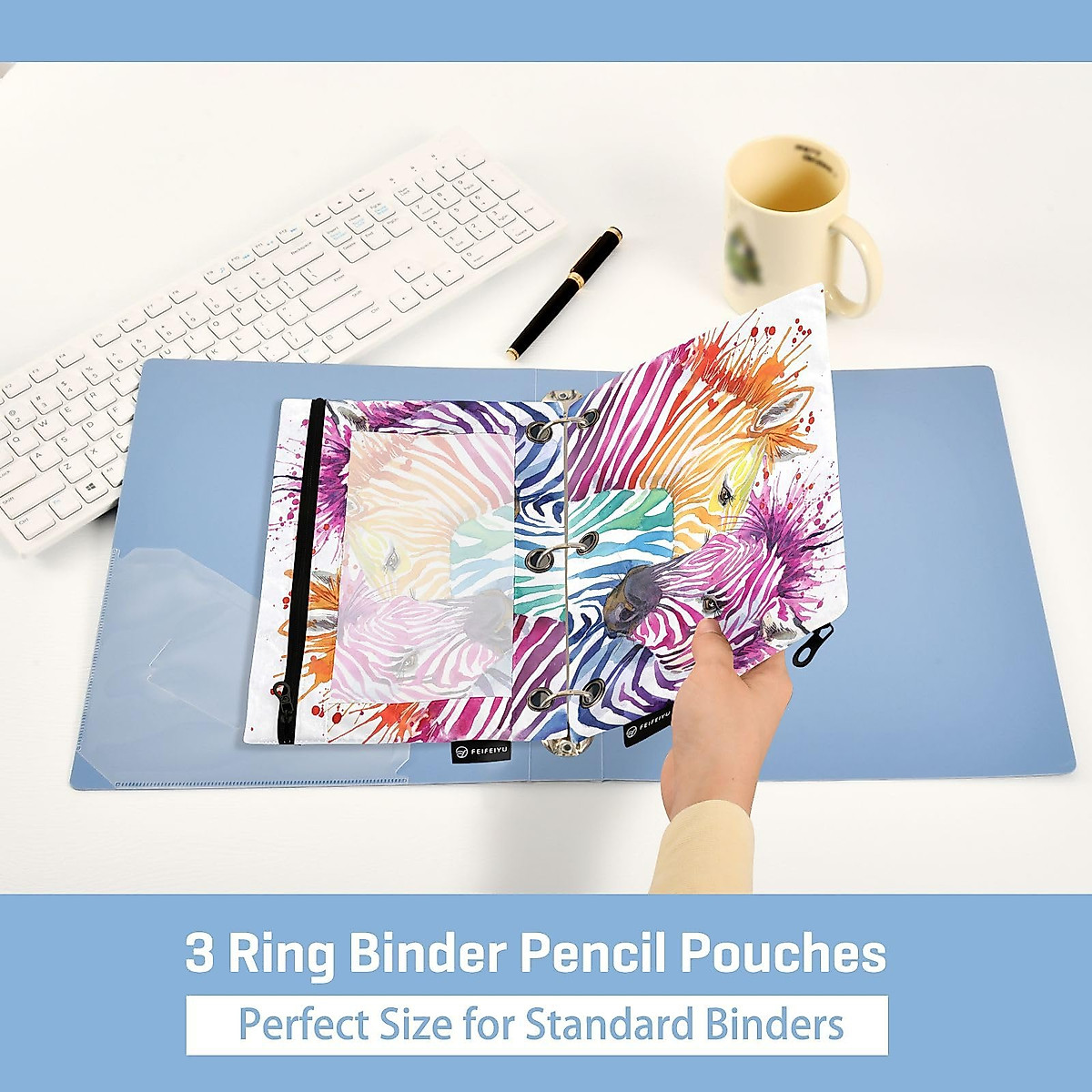 MAOBLYR Cute Watercolor Zebra Standard 3-Ring Zipper Clear Binder Pocket,Large Capacity Office 7 x 9In (2 PCS)