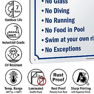 SmartSign 14 x 10 inch “Pool Rules - No Glass, No Diving, No Running…” Metal Sign, Screen Printed, 40 mil Laminated Rustproof Aluminum, Blue and White