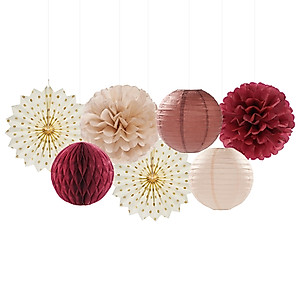 Brown Burgundy Champagne Boho Party-Decorations - 14pcs Rustic Wedding Paper Lanterns Fan,Tissue Pom Poms Streamers,Honeycomb,Fall Autumn Birthday Baby Bridal Shower Engagement Decor Lasting Surprise