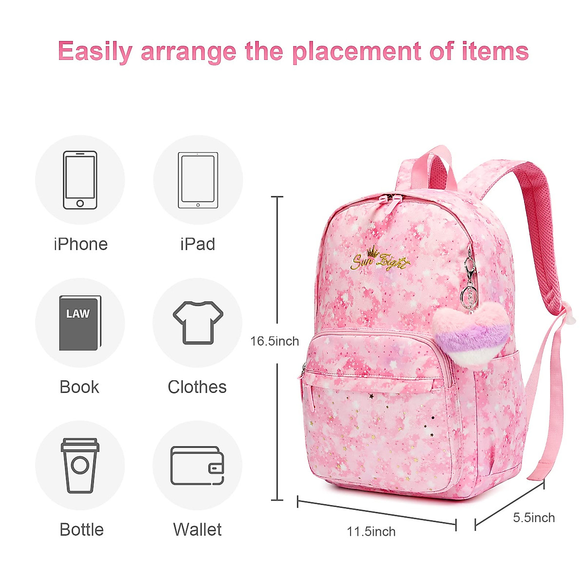 Caran·Y Girls Backpack for Kid in Waterproof Elementary Large space Love decoration Starry Pattern School Bookbag Boys Girls Fit Over 6 Years Old Girls Book Bag（Pink）