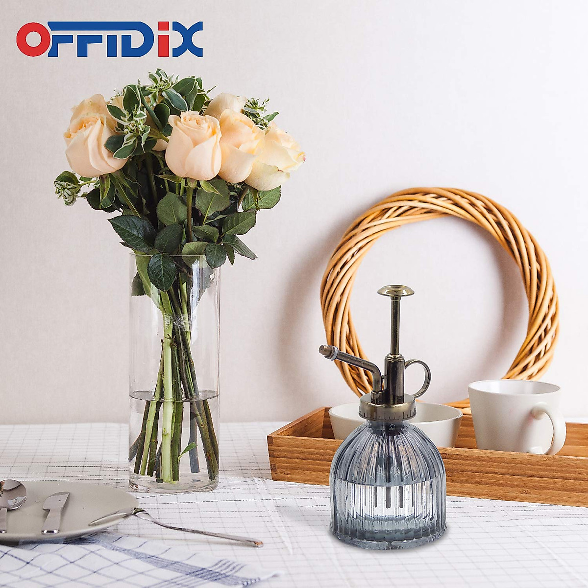 OFFIDIX Plant Mister Plant Water Spray Bottle, 6.3" Tall Vintage Style with Bronze Plastic Top Pump One Hand Glass Watering Can for Indoor Potted Plants Terrariums (Dark Gray)