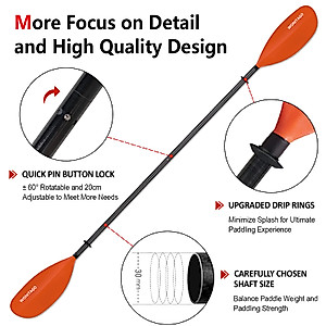 WONITAGO Kayak Paddles Carbon Fiber Shaft Paddle with Nylon Blades, Floating Adjustable Kayaking Oars, 3 Piece, 230-250 cm/90-98 Inches Orange