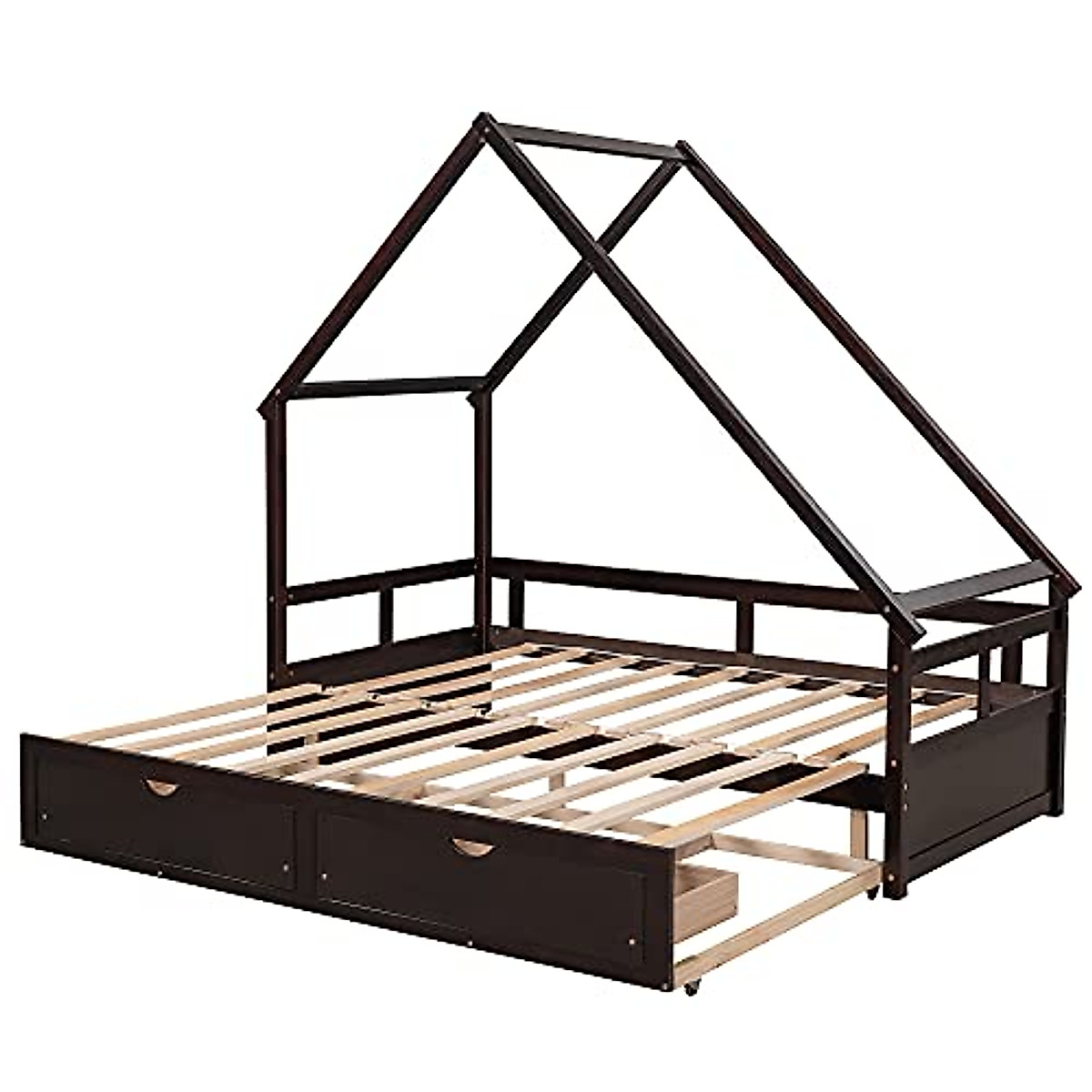 Extending Wood House Bed Daybed with Roof & 2 Drawers for Kids Teen Toddler, Convertible Sofa Bed Captains Bed Frame with Wooden Slats Support for Living Room, Can Convert From Twin To King (Espresso)