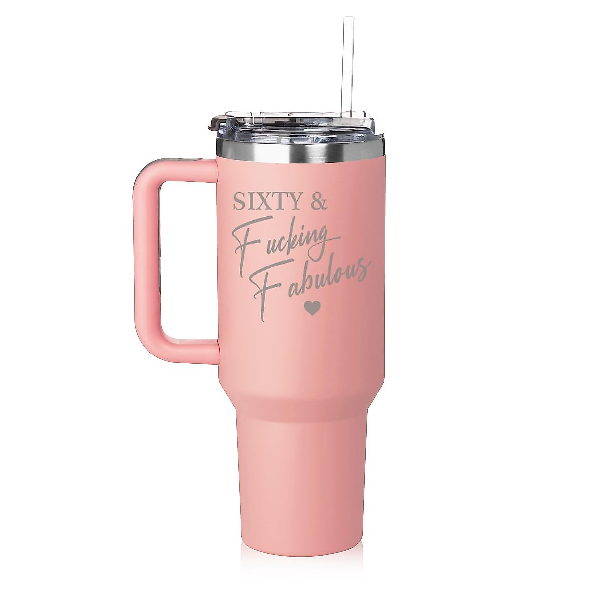 40 oz Tumbler with Handle and Straw Lid Stainless Steel Insulated Travel Mug Cup Sixty & Fcking Fabulous 60th Birthday Gift For Her (Pink)