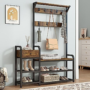 JUNZYOUY 5 in 1 Entryway Coat Rack Shoe Bench，Hall Tree with Bench, Entryway Bench with Coat Rack, with Shoe Rack, Storage Drawer, 9 Hooks, Coat Rack with Bench, Rustic Brown.