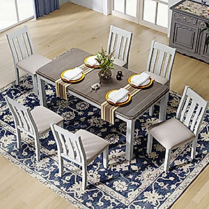 P PURLOVE 7 Piece Dining Table Set, Wood Dining Room Extendable Table and 6 Chairs with Cushions, Retro Style Kitchen Table Set for 6 Persons, Brown and White