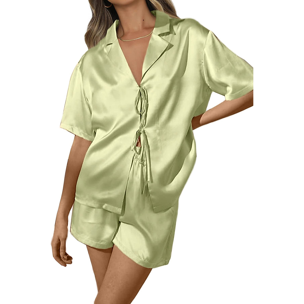 CHYRII Women's Silk Satin Pajamas Sets Tie Front Short Sleeve Tops and Shorts Two Piece Pj Sets Sleepwear Mint Green S