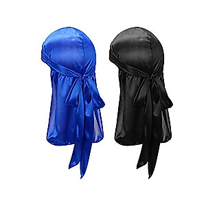 Century Star Kids Silky Satin Durags Head Wrap Silk Durag for Baby Boy Girls Wave Cap Wide Strap Long Tail Turban Beanies Black& Royal Blue