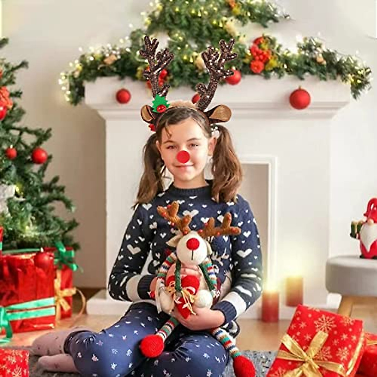 eyigylyo Reindeer Antlers Headbands with Red Nose, Christmas Sequin Reindeer Headbands with Bells Antler Xmas Party Headwear Accessories for Women Girls Kids