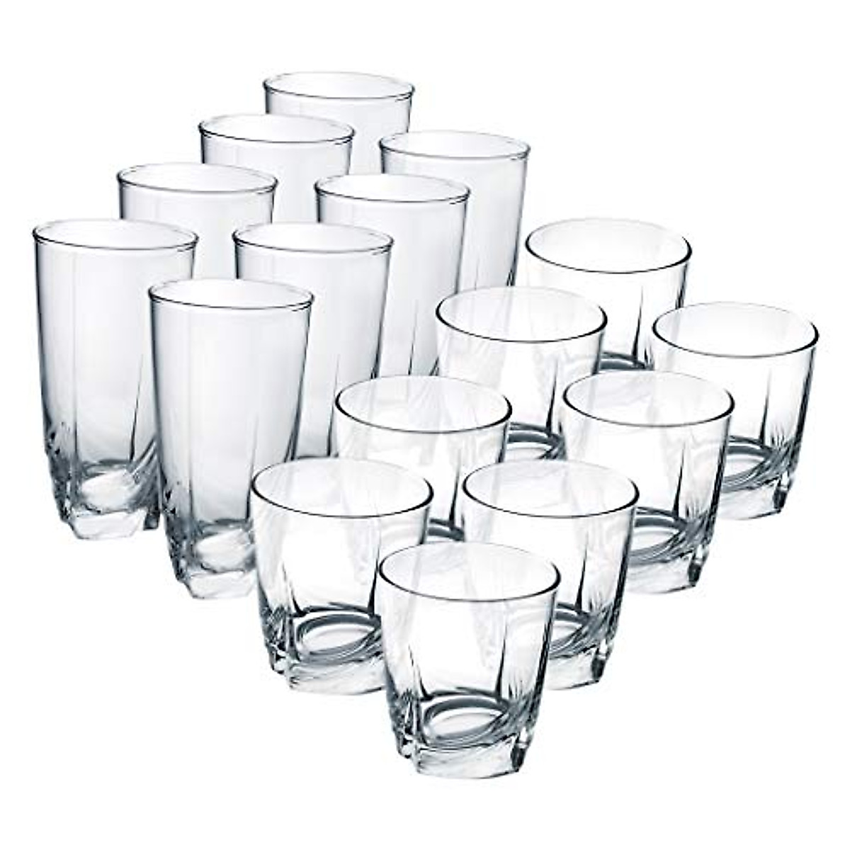 Luminarc 16 Piece Ascot Tumbler Set, 8-16.5 Ounce Coolers & 8-13 Ounce Double Old Fashioned Glasses, Mixed, Clear