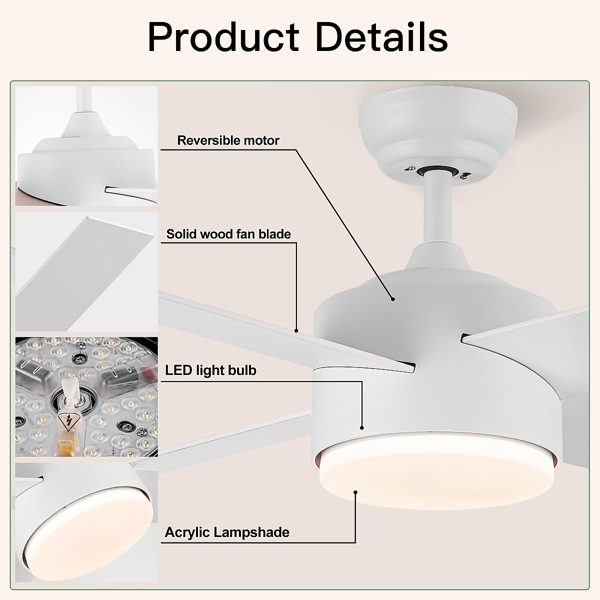 SNJ White Ceiling Fan with Light, 52" Ceiling Fans with Lights and Remote, Ceiling Fan for Indoor Bedroom, Dimmable, Quiet DC Motor, 4 Wooden Blades
