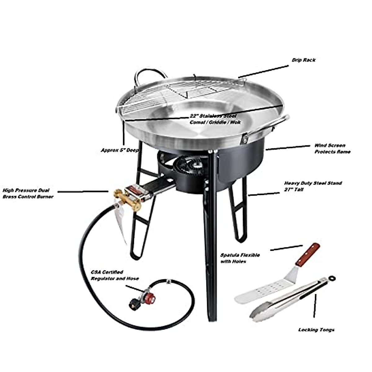 Aramco 22 in Large Mexican Style Wok Concave Comal Griddle Outdoor Cooking Disc Wok Stainless Steel 5pc Set High Pressure Propane Fire Burner Stand,Silver Black Stand