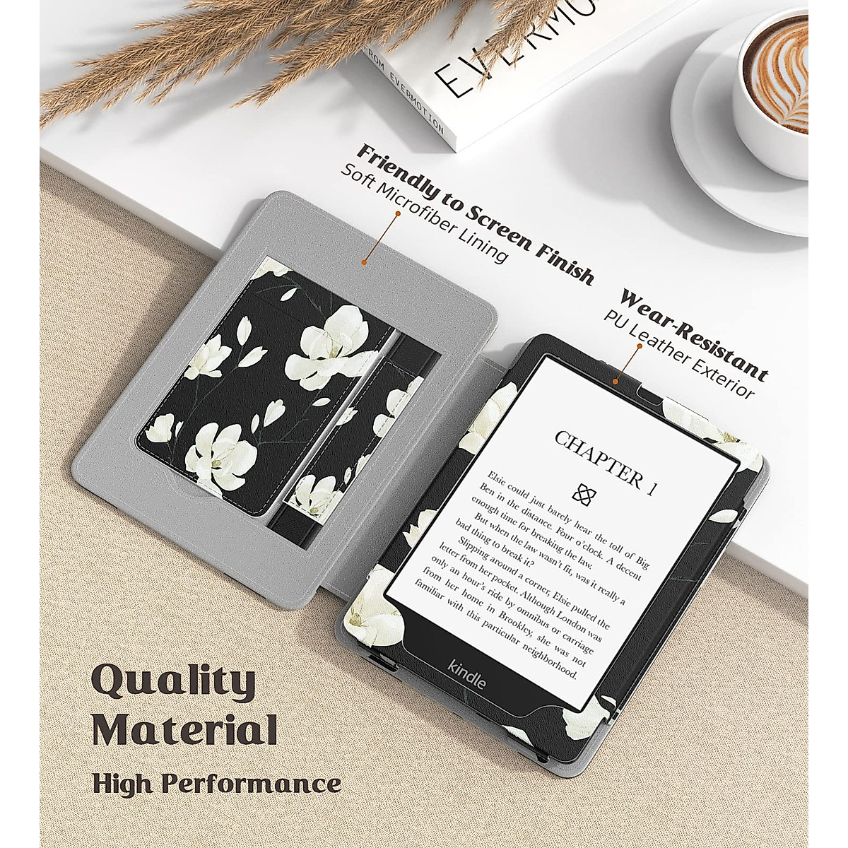 MoKo Case for 6.8" Kindle Paperwhite (11th Gen 2021) and Kindle Paperwhite Signature Edition, Slim PU Shell Cover Case with Auto-Wake/Sleep for Kindle Paperwhite 2021 E-Reader, Black & White Magnolia