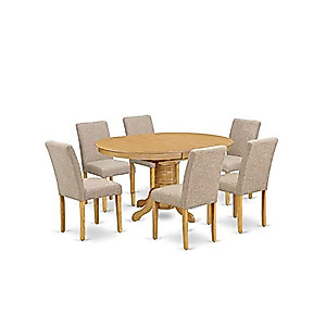 East West Furniture AVAB7-OAK-04 7Pc Oval 42/60" Dinette Table With 18 In Butterfly Leaf And 6 Parson Chair With Oak Leg And Linen Fabric Light Fawn, 7