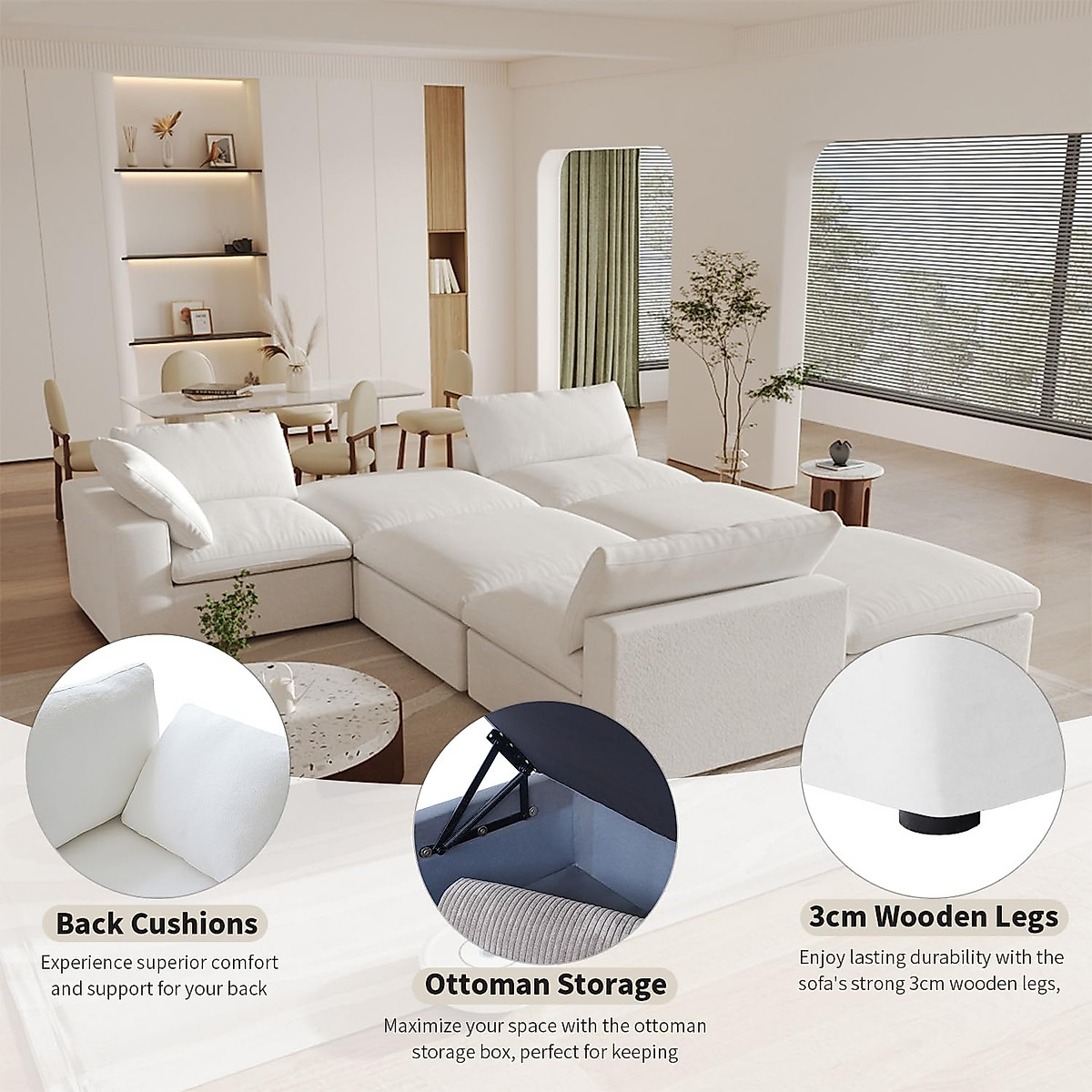 WJShome Cloud Modular Sectional Sofa with 2 Storage Ottomans,160.6" U Shaped Sofa Couch,Minimalist Wide Deep Seat Convertible CouchesSofa Covers Washable&Replaceable,White