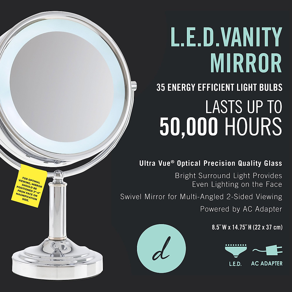 Danielle Creations Professional-Grade Double-Sided L.E.D. Vanity Mirror with Strong 15X Magnification, 360-Degree Rotation, Ultra-Vue Distortion-Free True Image Reflection, Silver Chrome Finish