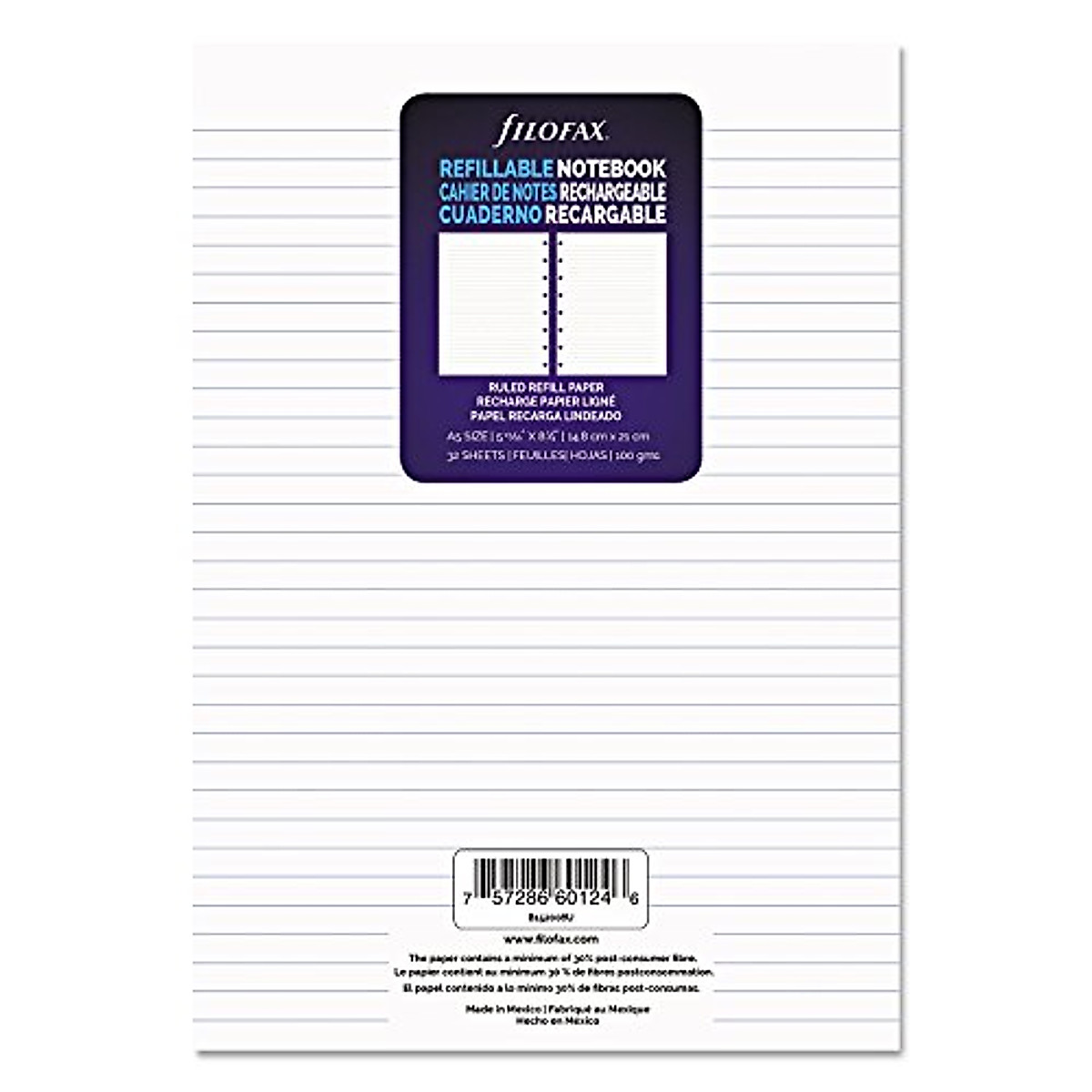 Filofax B152008U Notebook Refill Ruled 8 1/4 x 5 13/16 Cream 32 Sheets/Pack