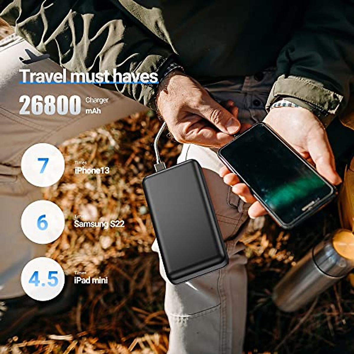 26800mAh Power Bank 2 Outputs&2 Inputs Portable Charger Ultra-High Capacity Battery Pack with 2 in 1 Cable External Battery Power Bank for iPhone iPad Samsung Pixel Camera Switch Fans Flashlighs