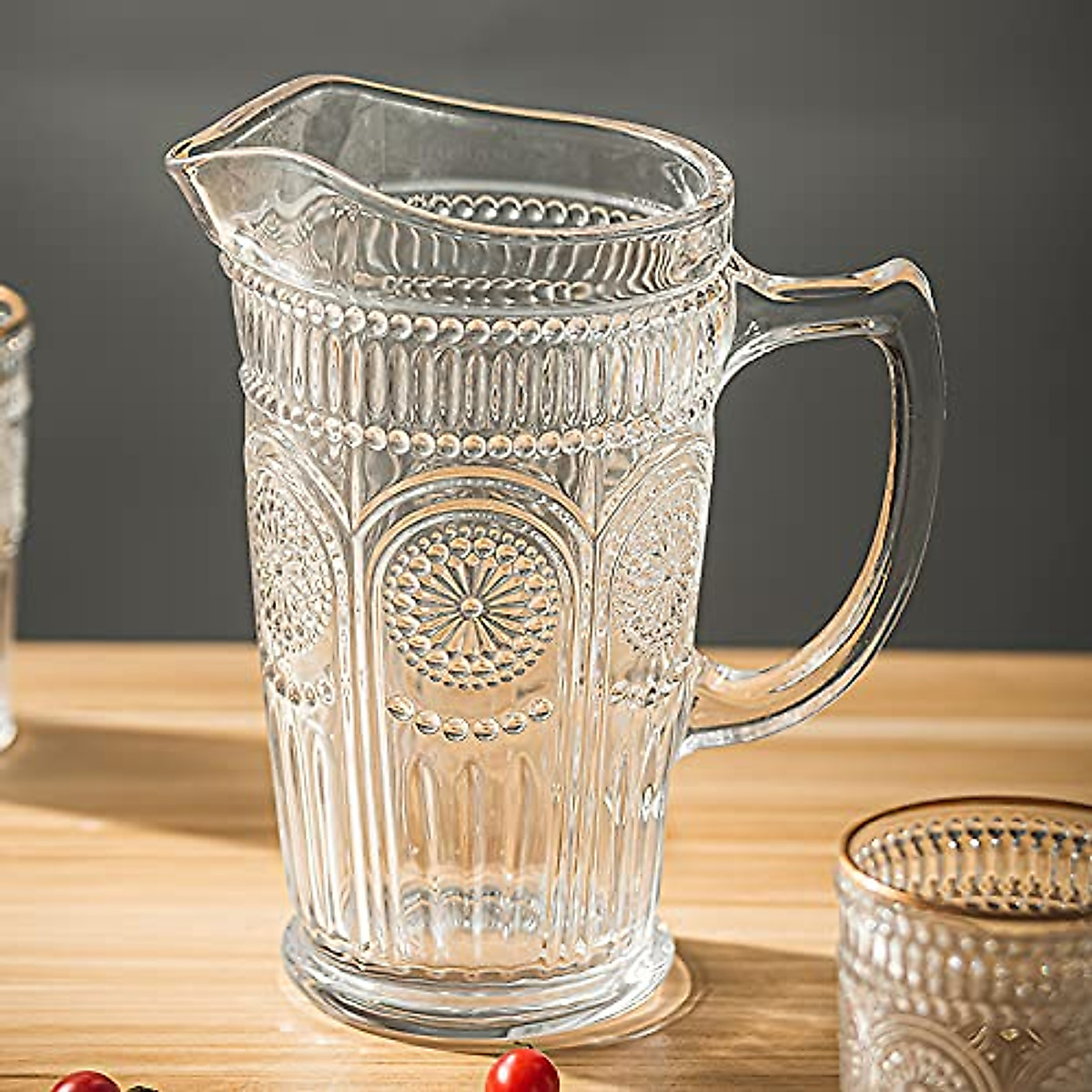 Kingrol 50 oz Glass Pitcher, Vintage Water Carafe Jug for Ice Tea, Homemade Juice, Milk, Beverages, Heat Resistant Glass Carafe for Hot/Cold Water