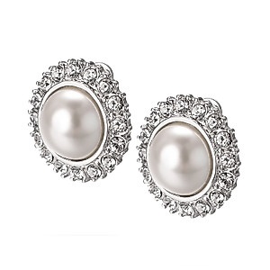 Yoursfs Large Faux Pearl Diamond Clip On Earrings For Women Dressy Vintage Silver Rhinestone Non Pierced Earring Comfort Round Ear Clips Jewelry