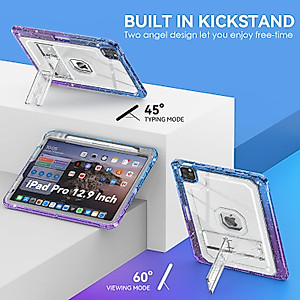 ZoneFoker for iPad Pro 12.9 Case 6th/5th/4th/3rd Generation 2022/2021/2020/2018, 12.9 Inch iPad Pro Case Cover with Pencil Holder, Sturdy Lightweight with Kickstand for Kids Girls, Blue Purple