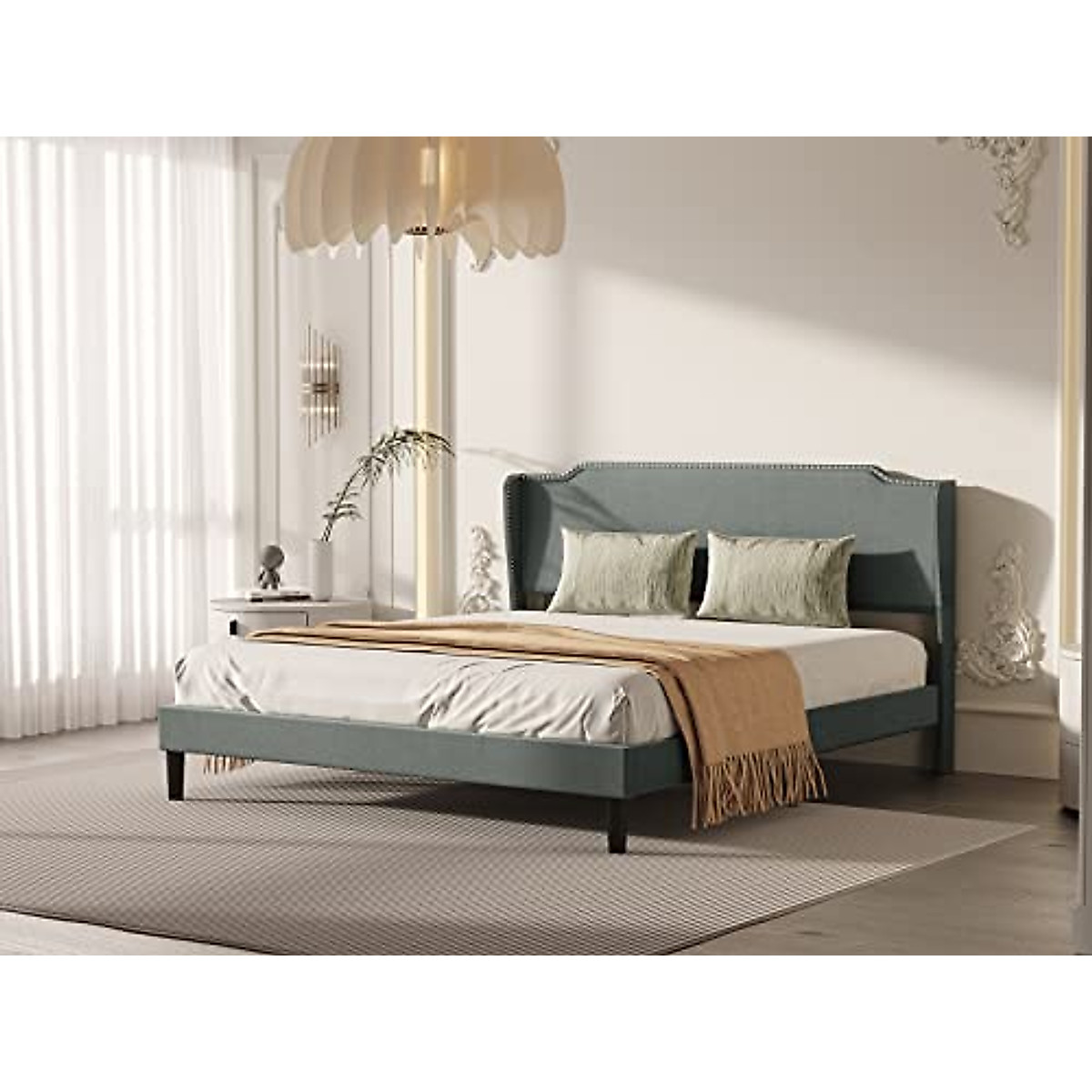BONSOIR Queen Size Bed Frame Traditional Upholstered Low Profile Platform with Wing Back and Nail Trim Headboard/No Box Spring Needed/No Bed Skirt Needed/Soft Linen Fabric Upholstery/Light Green