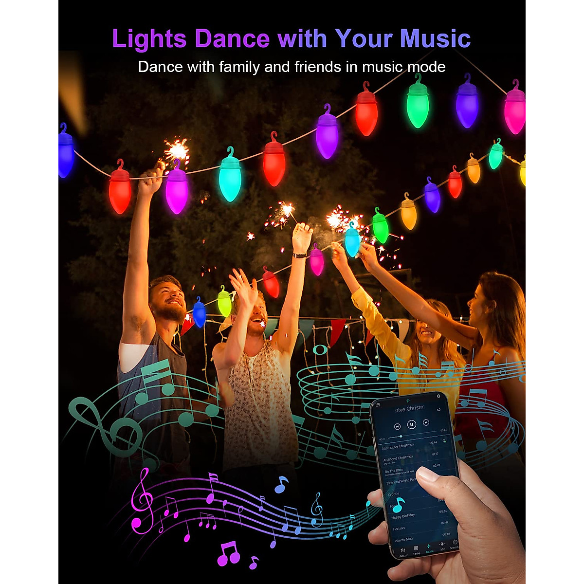 JIMIMORO Smart Outdoor String Lights - 48FT RGB Patio Lights with 20 Dimmable IP65 Waterproof Warm White LED Bulbs APP & Remote Control Patio String Lights for Outside Balcony Backyard Party Cafe B