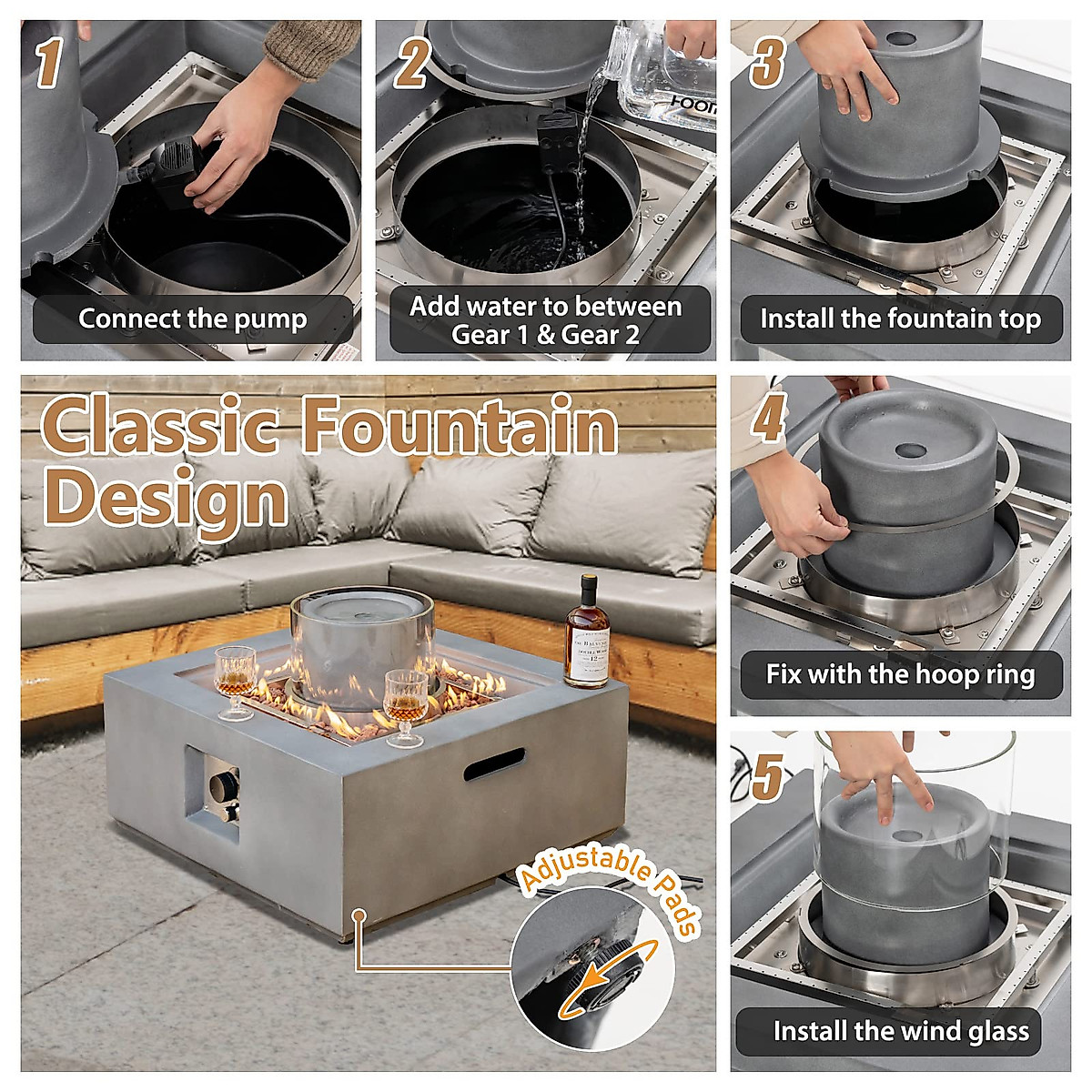 Tangkula 28” Fire Pit Table with Fountain, 50,000 BTU Square Fire Table with Stainless Steel Burner, Wind Guard, Lava Rocks & PVC Cover, Outdoor Magnesium Oxide Propane Fire Pit for Poolside Backyard