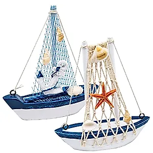 BLLREMIPSUR 2 PCS Mini Sailboat Decor, Wooden Miniature Sailing Boat Model, Nautical Theme Decoration for Bathroom, Baby Shower, Party, Kids Nursery