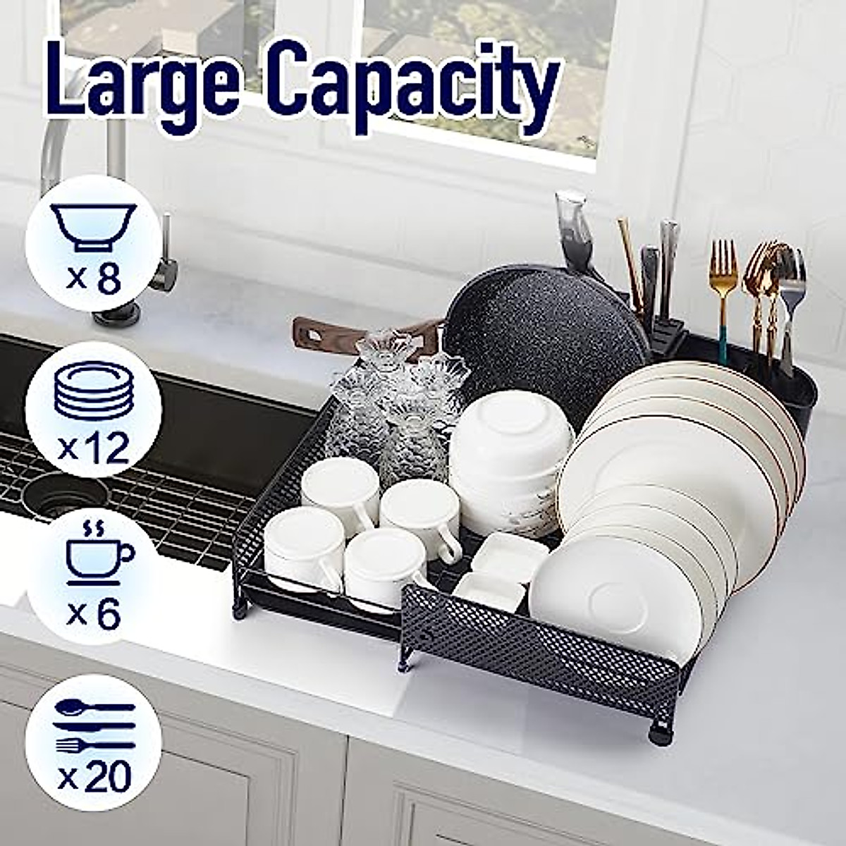 Moderspace Dish Drying Rack, Expandable Dish Rack, Capacity Dish Racks for Kitchen Counter, Dish Drainer with Utensil Holder& Drainboard, Black