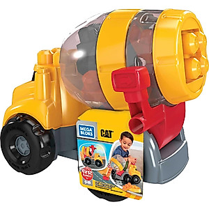 Mega BLOKS Cat Toddler Blocks Building Toy Set, Cement Mixer Truck with 9 Pieces and Storage, Yellow, Ages 1+ Years