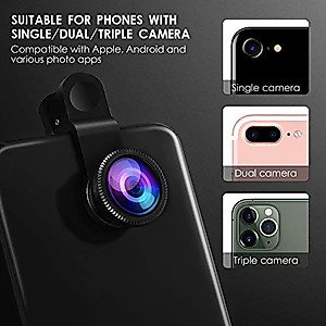 Hemobllo Portable Cell Phone Camera Lens Super Wide Angle Lens Macro Lens Fisheye Lens Clip on 3 in 1 Mobile Phone Lens Compatible for iPhone 6S/7/8/X (Black)