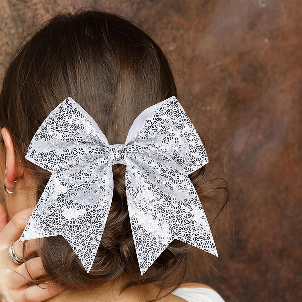 2 PCS 7" Large Glitter Cheer Bows Sequin Cheer Hair Bow Ties with Elastic Shiny Hair Bows Ponytail Holder Handmade for Cheerleader Girls Softball Sports Hair Accessories for Teens Kids(Silver)