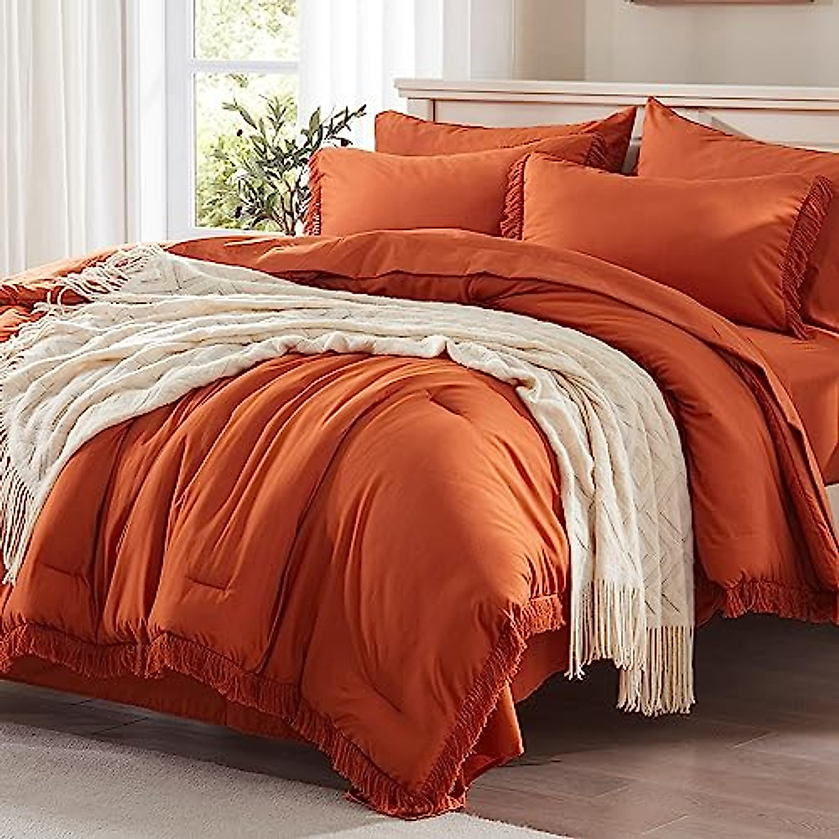 Anluoer Queen Comforter Set, Burnt Orange Boho Bed in a Bag 7 Pieces with Comforter and Sheets, All Season Bedding Sets with 1 Comforter, 2 PillowShams, 2 Pillowcases, 1 Flat Sheet, 1 Fitted Sheet