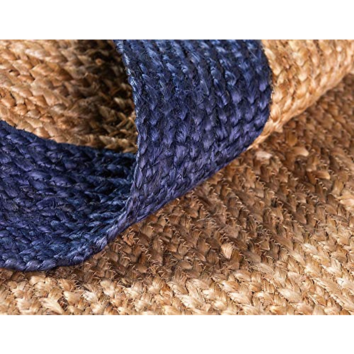 Unique Loom Braided Jute Collection Classic Quality Made Natural Hand Woven with Solid Color Detail Area Rug (8' 0 x 8' 0 Round, Natural/ Navy Blue)