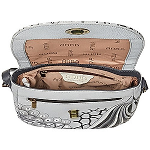 Anna by Anuschka Women's Genuine Leather Flap-Over Cross Body | Hand Painted Original Artwork | Patchwork Pewter