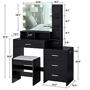 usikey Large Vanity Table Set with Lighted Mirror & Charging Station, Makeup Vanity Dressing Table with 4 Storage Shelves and 4 Drawers, Vanity Desk with 3-Drawer Chest and Cushioned Stool, Black