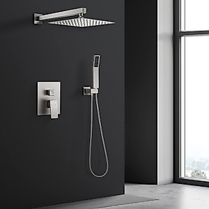 HGN 10 Inches Bathroom Rain Shower Combo Set Wall Mounted Rainfall Brushed Nickel Shower Head System Rough-in Valve Body and Trim Included
