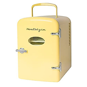 Nostalgia Retro 6-Can Personal Cooling and Heating Mini Refrigerator with Eraser Board Door Carry Handle and Display Window for Home, Office, Car, Boat or Dorm Room, Yellow, 1 cubic feet