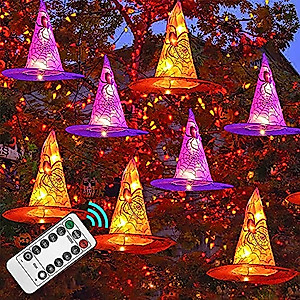 FUNPENY Halloween Decoration Lights, 8 PCS Waterproof Hanging Witch Hat with String Lights with Remote, Hanging Halloween Decorations for Indoor Outdoor Garden Yard Party Decor