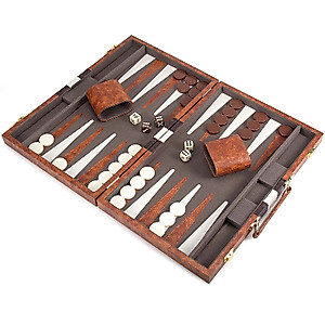 AMEROUS Backgammon Set, 15 Inches Classic Board Game with Leather Case, Folding Board, Gift Package, Portable Travel Strategy Backgammon Game Set for Adults, Kids (Medium, Brown)